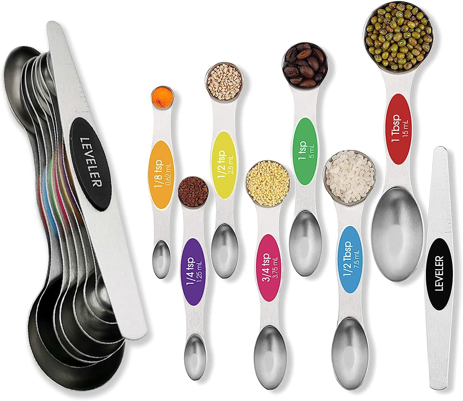 LAH KITCHEN Magnetic Measuring Spoons Set Stainless Steel Dual Sided ...