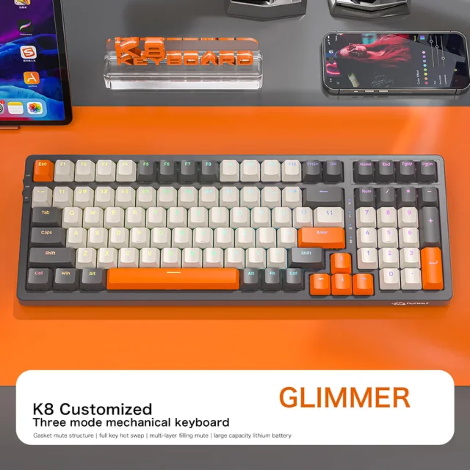 LAHABO K8 Wireless Mechanical Keyboard Tri- Connection 100 Key Full Key ...