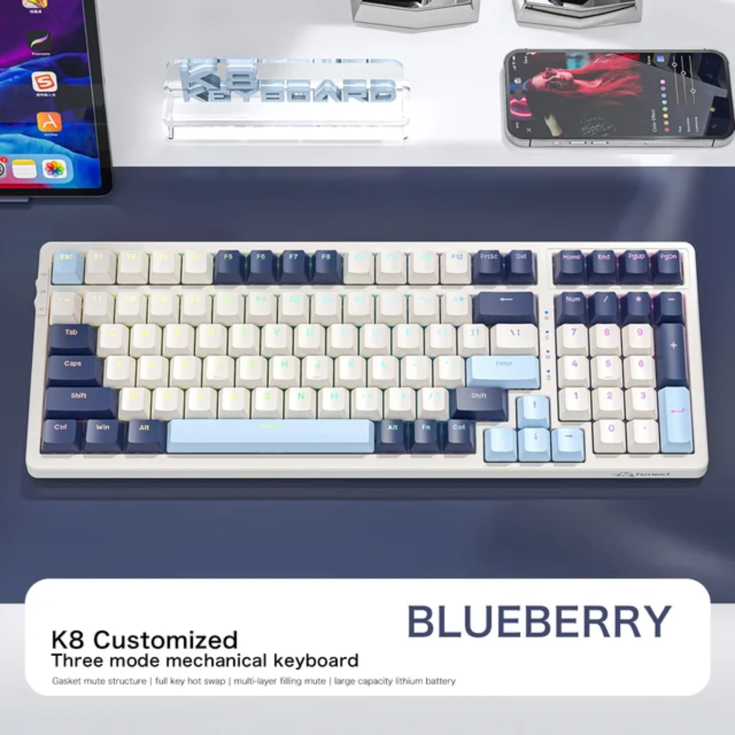 LAHABO K8 Wireless Mechanical Keyboard Tri- Connection 100 Key Full Key ...