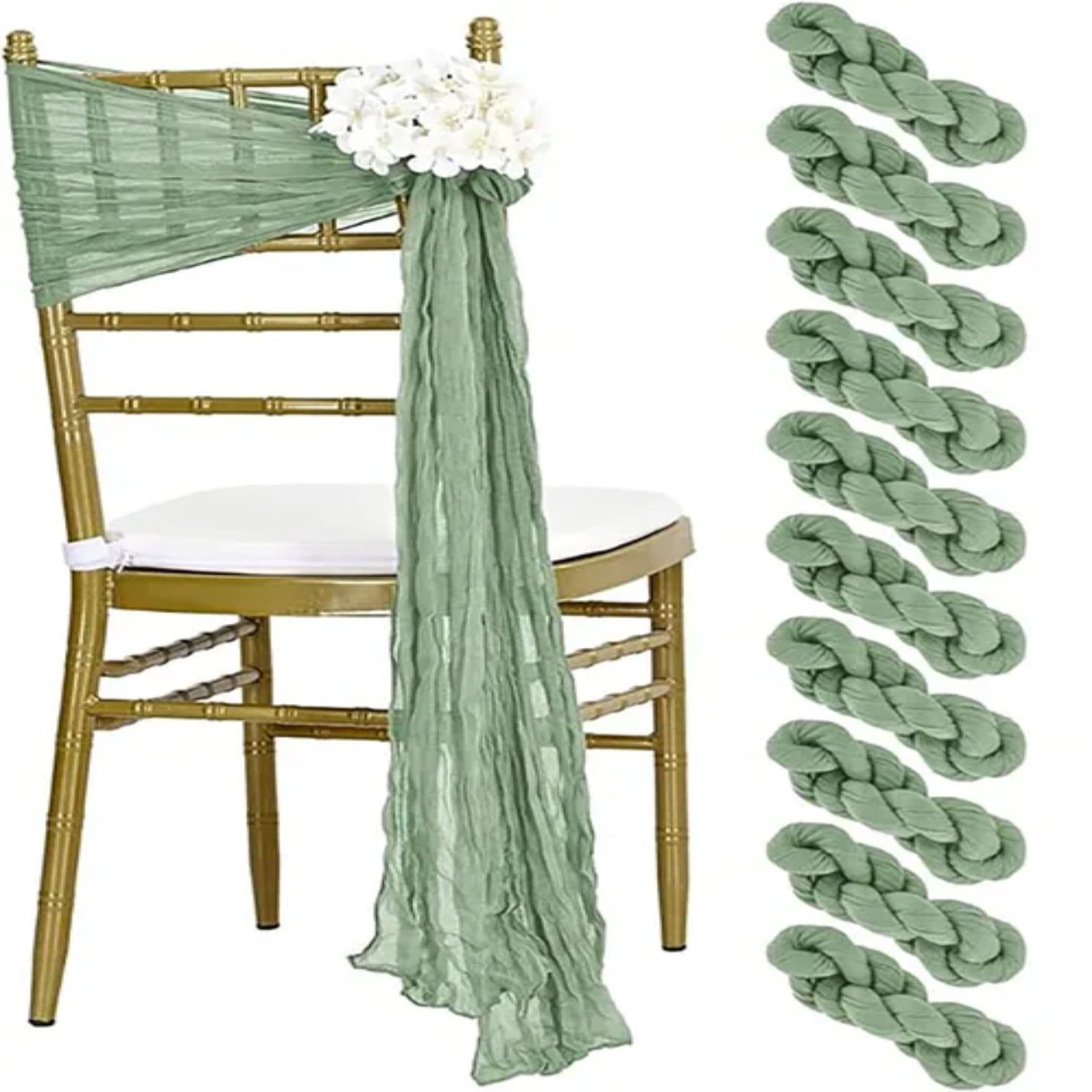 LAHABO Rustic Sage Green Cheesecloth Chair Sashes Set of 10 Bowknot ...