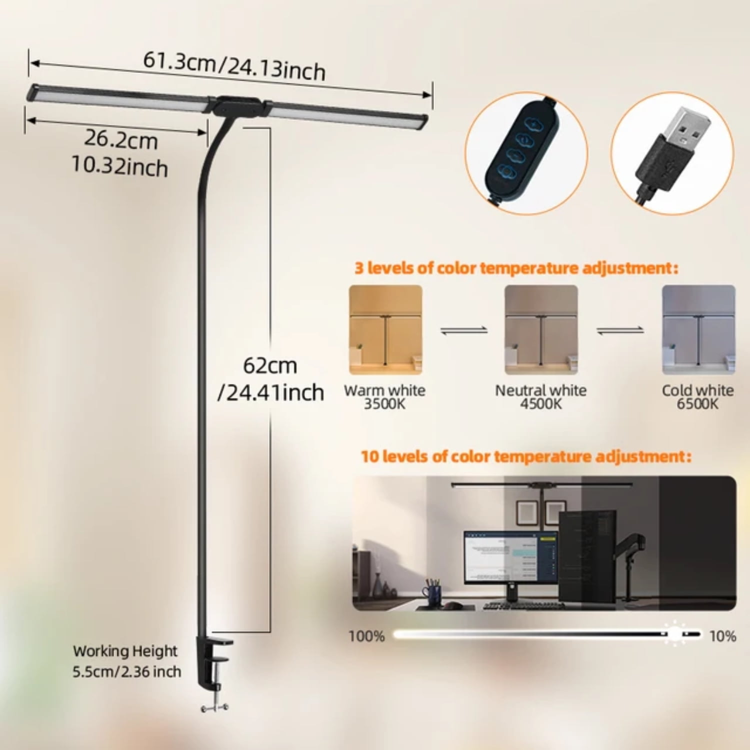 LAHABO Stepless Dimmable Led Desk Stand Lights 61CM Double Desk Lamp ...