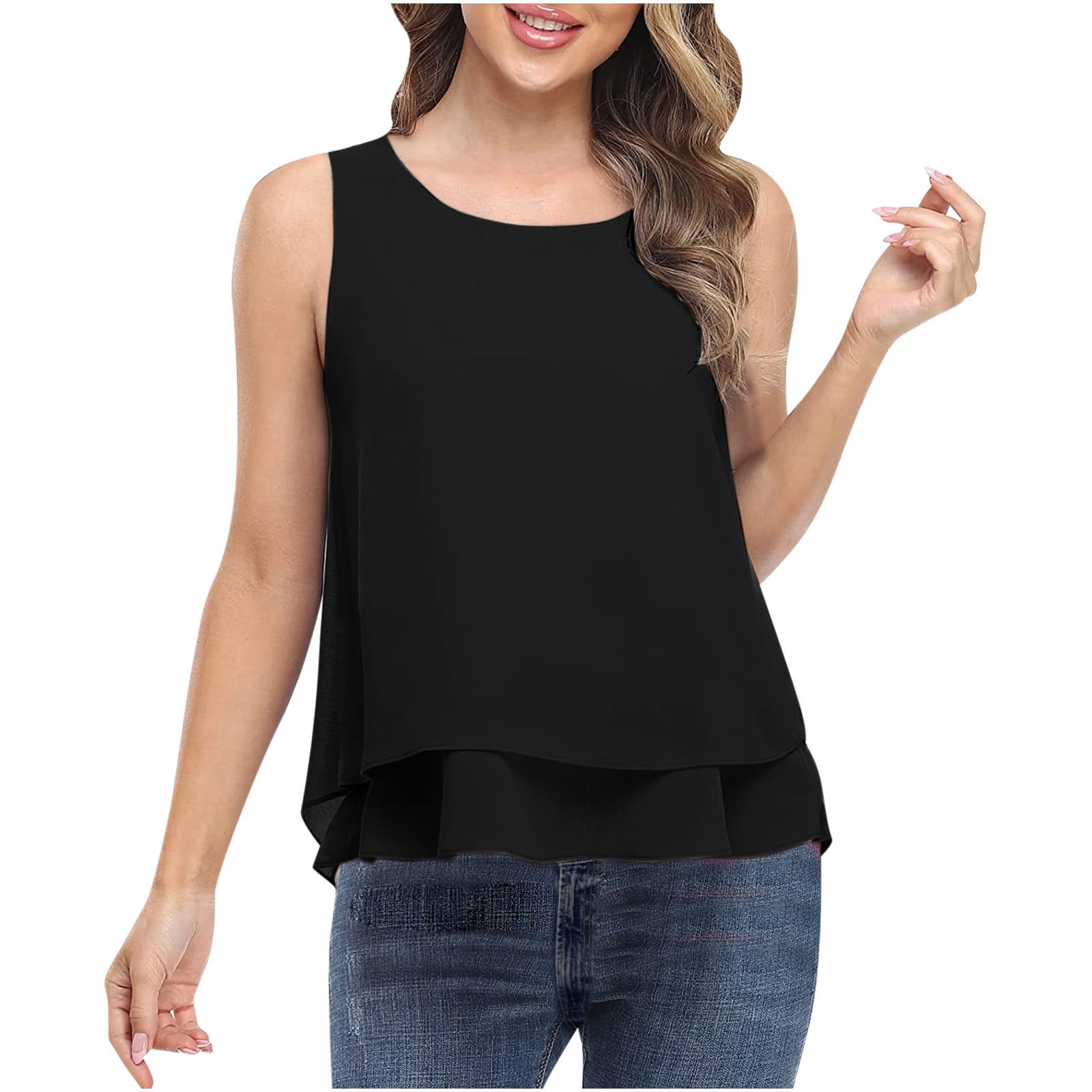 Lajpxkhy Plus Size Camisole Tops For Women Chiffon Round Neck
