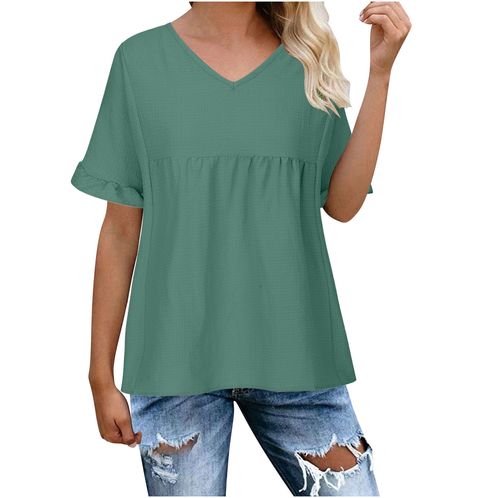 LAJPXKHY Womens Tops Summer Ruffle Sleeve V Neck Loose Fitting Casual ...