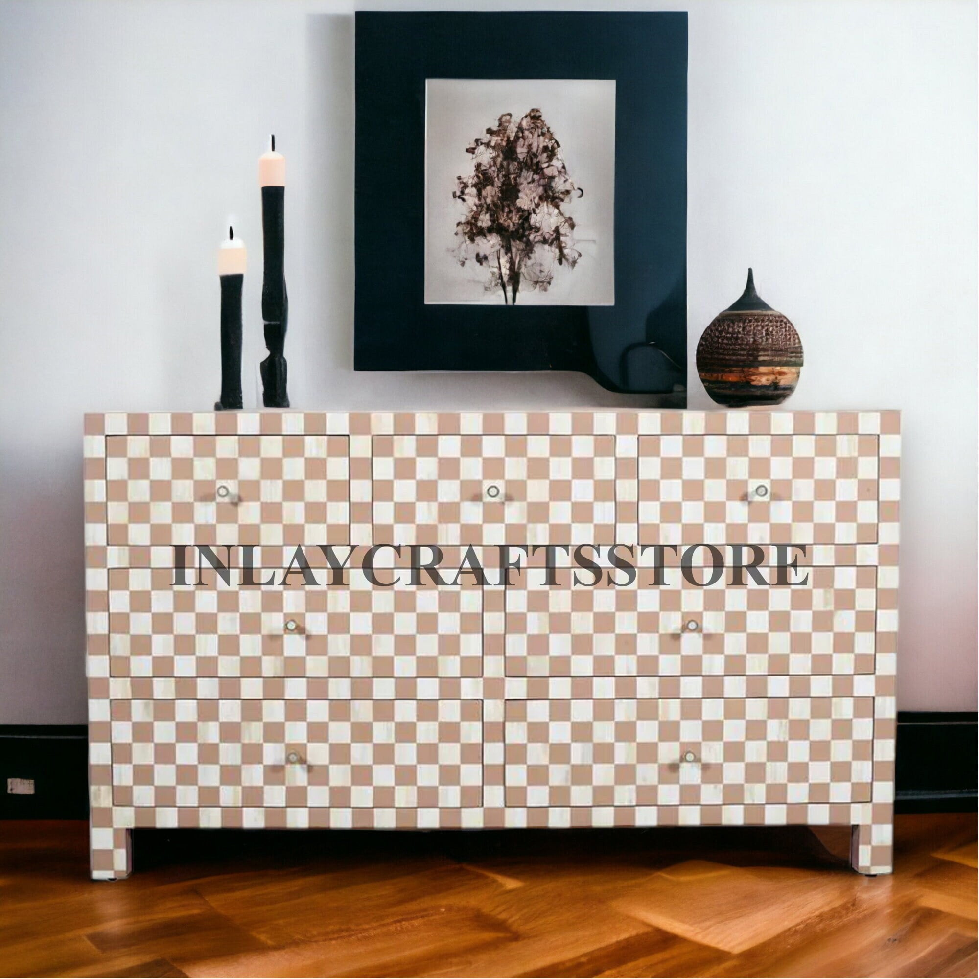 LAKECITY ARTS Bone Inlay Checker Board 7 Drawers Chest Almond, Bone ...