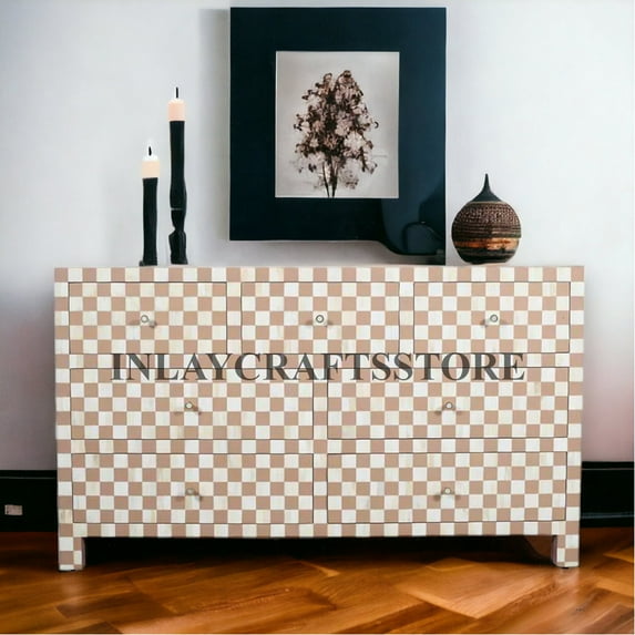 LAKECITY ARTS Bone Inlay Checker Board 7 Drawers Chest Almond, Bone ...