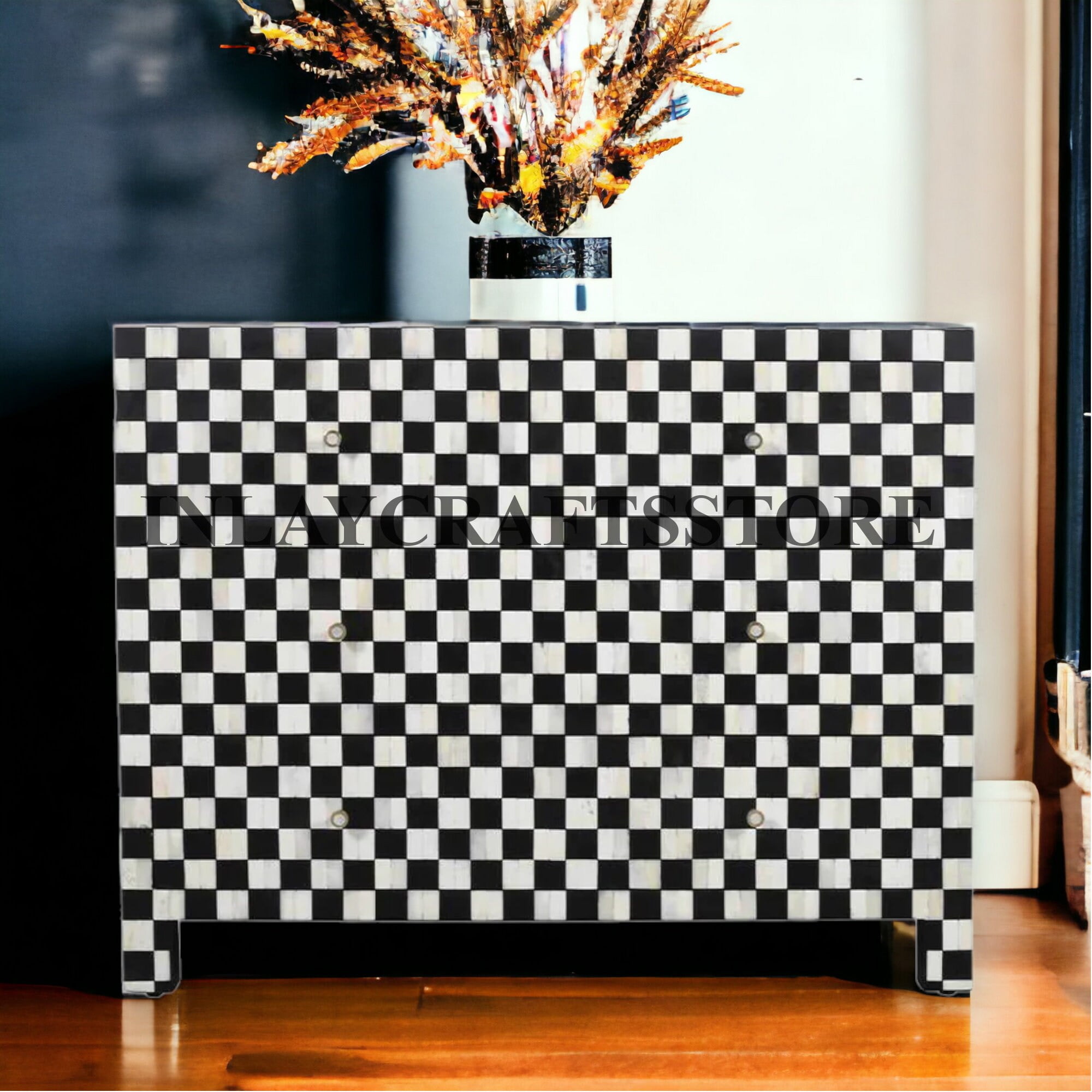 LAKECITY ARTS Bone Inlay Checker Board Design 4 Drawers Chest Black ...