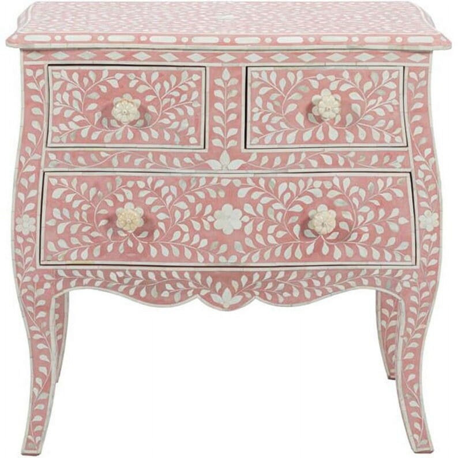 LAKECITY ARTS Bone Inlay Floral Design 3 Drawers Bedside Table Pink ...