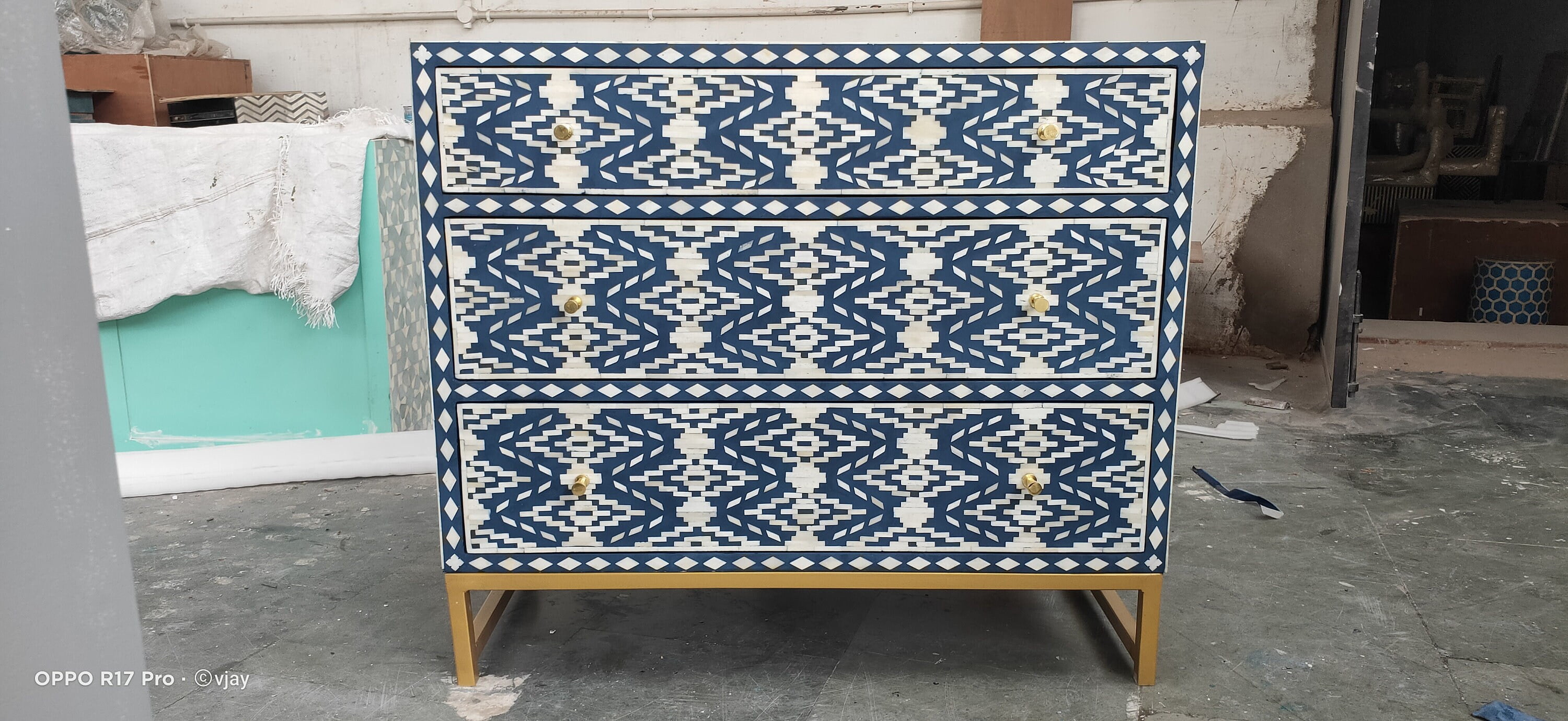 LAKECITY ARTS Bone Inlay Ikat Design 3 Drawers Chest Navy Blue, Bone ...