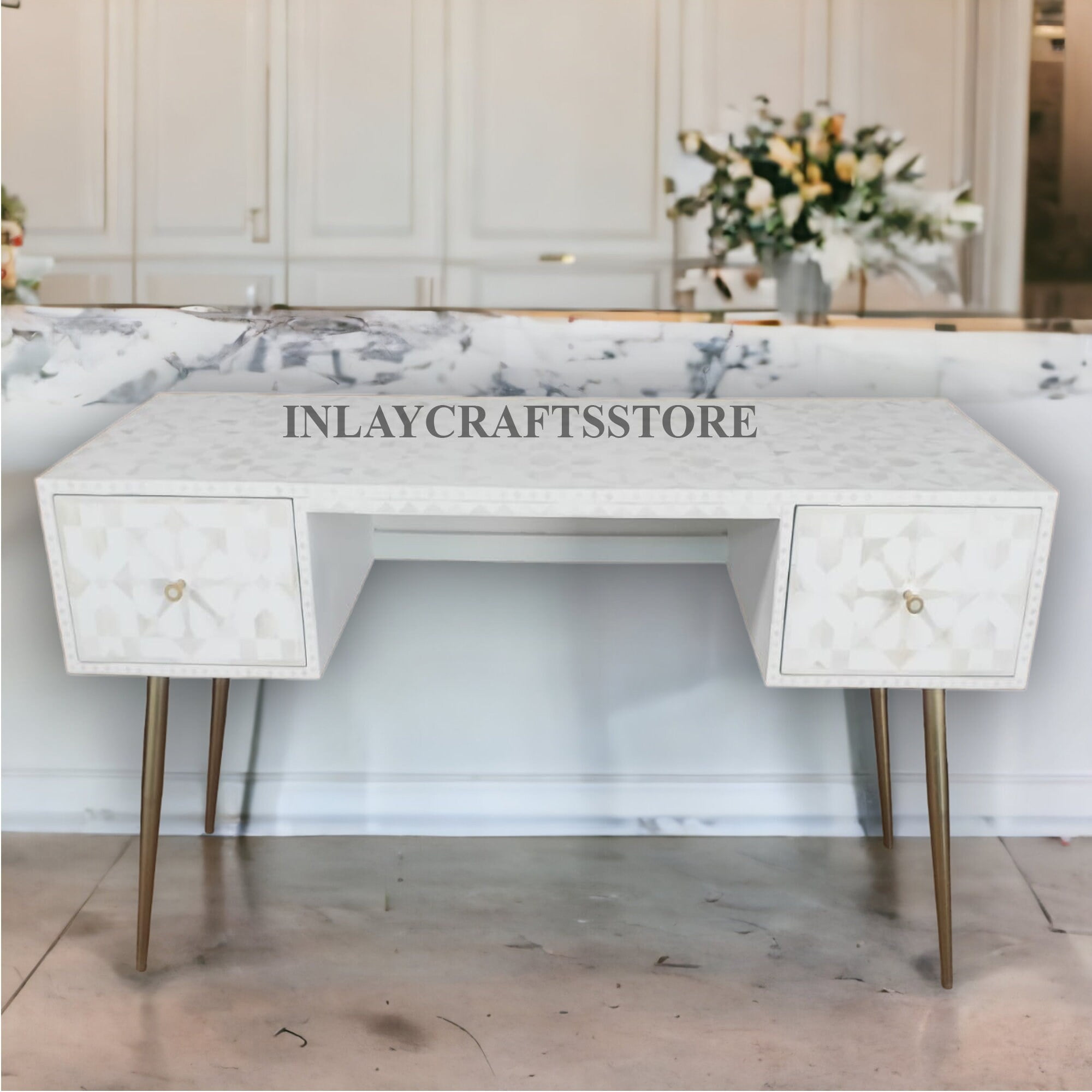 LAKECITY ARTS Bone Inlay Moroccan 2 Drawers Console Table White, Bone ...