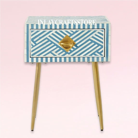 LAKECITY ARTS Bone Inlay Optical Design 1 Drawer Bedside Table Sky Blue, Bone Inlay Optical ...