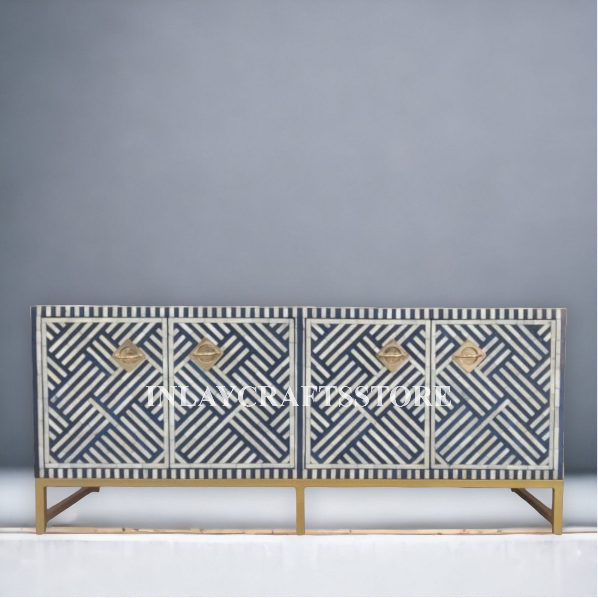 LAKECITY ARTS Bone Inlay Optical Design Media Cabinet Indigo Blue, Bone ...