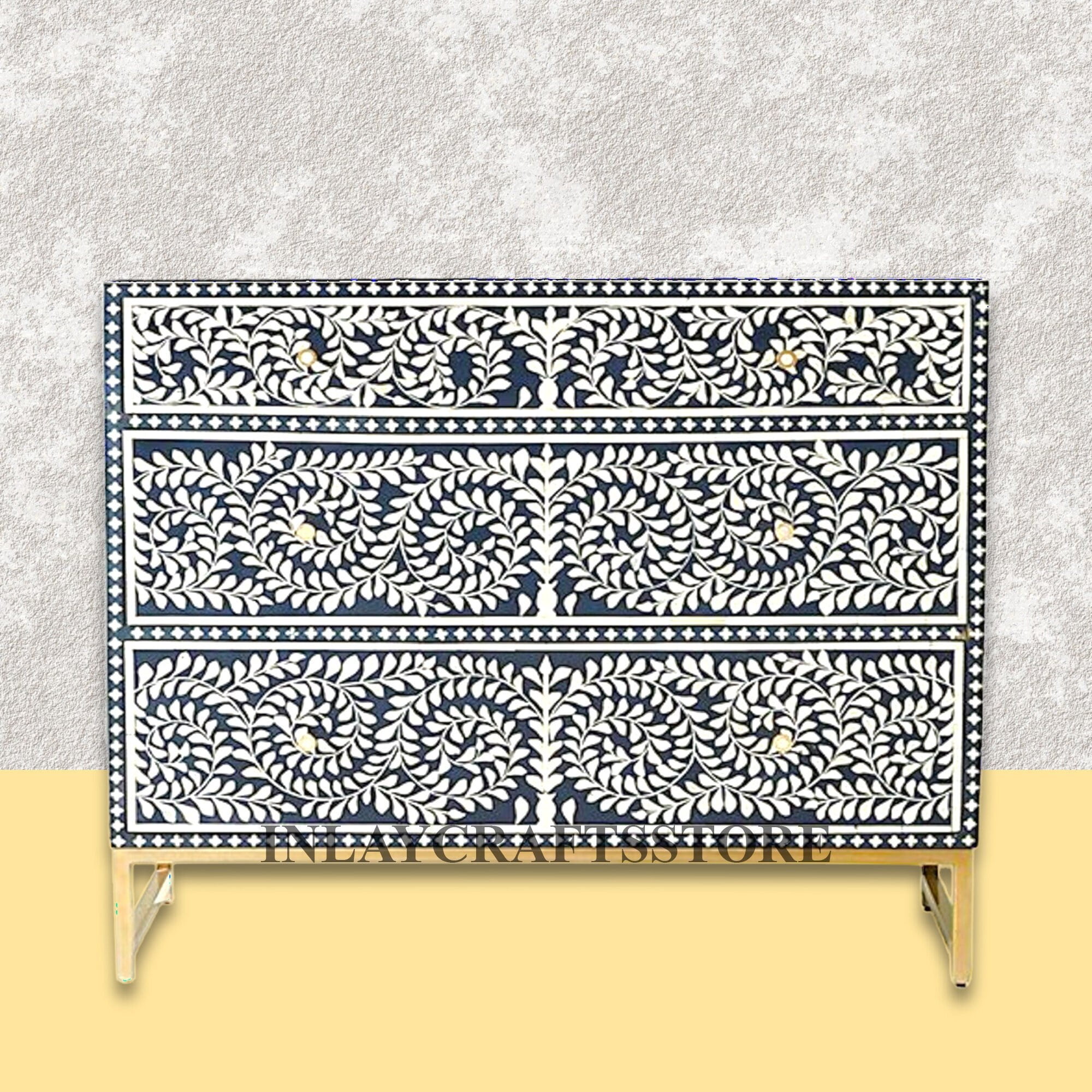 LAKECITY ARTS Bone Inlay Scrollvine 3 Drawers Chest Indigo Blue, Bone ...