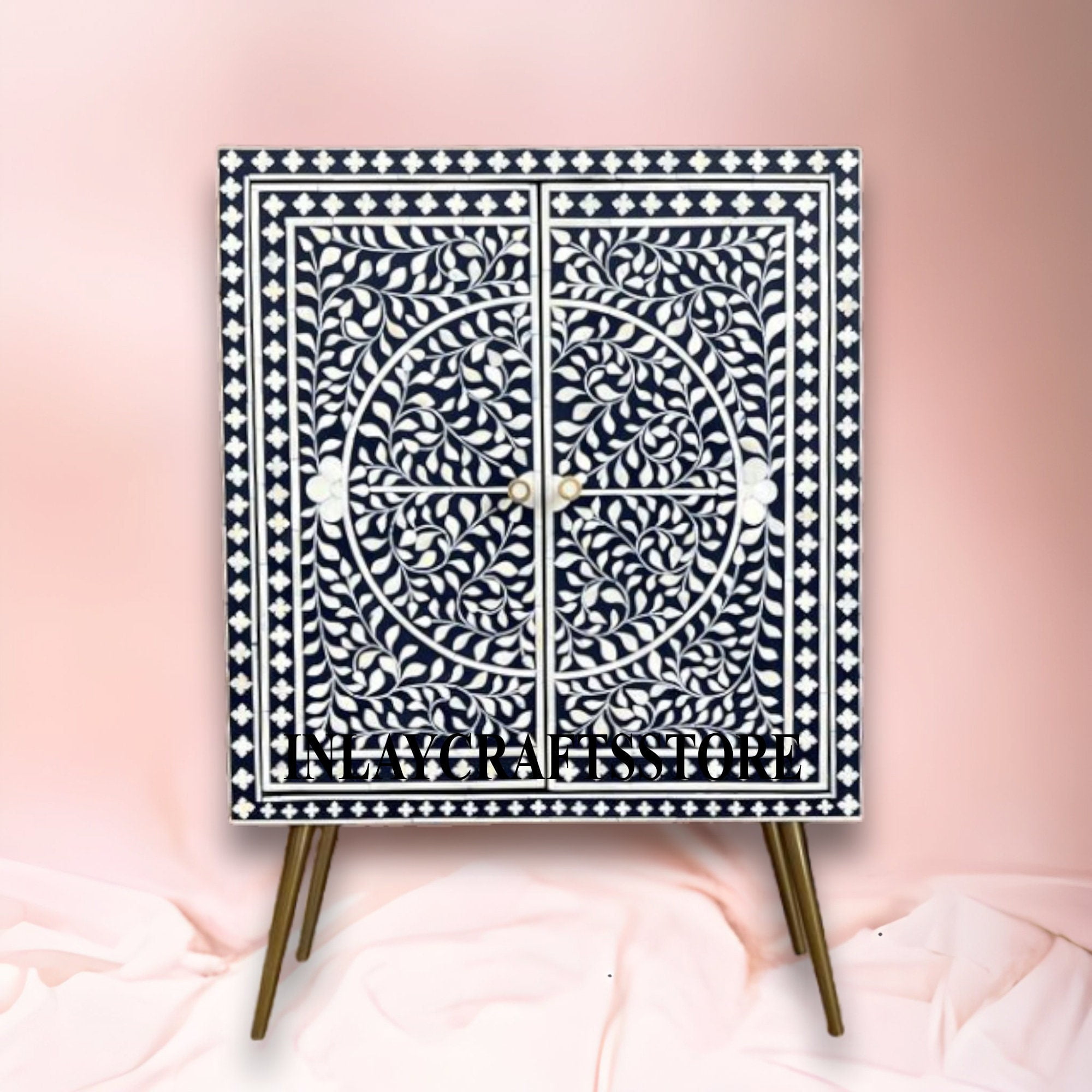 LAKECITY ARTS Bone Inlay Scrollvine Design Entryway Cabinet Indigo Blue ...