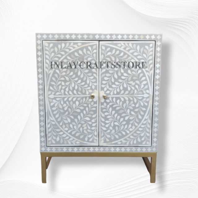 LAKECITY ARTS Bone Inlay Scrollvine Design Small Entryway Cabinet Grey ...
