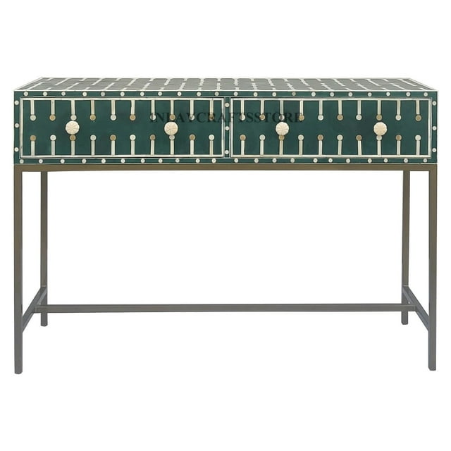LAKECITY ARTS Bone Inlay Sprout Design 2 Drawers Console Table Emerald ...