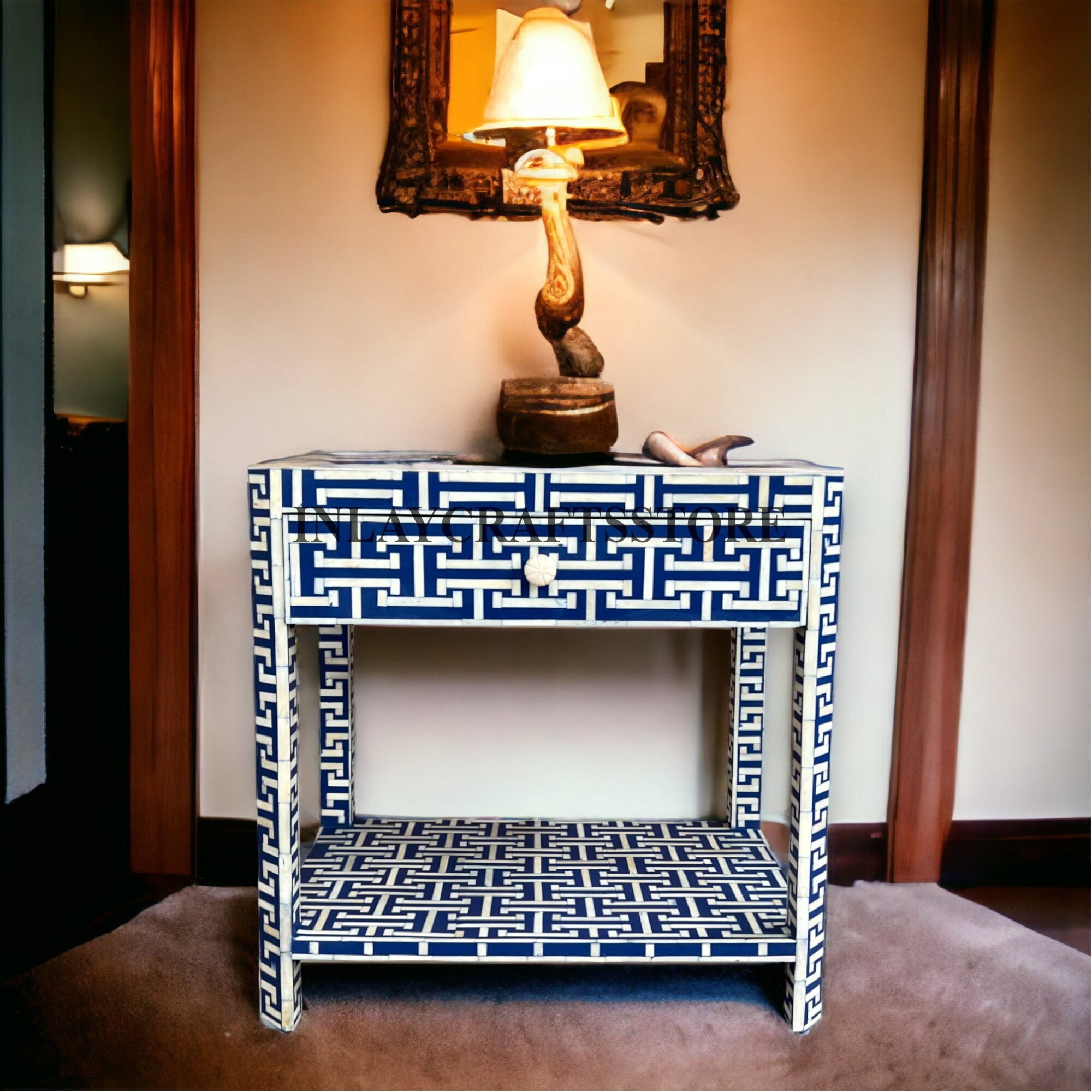 LAKECITY ARTS Bone Inlay Tic Tac 1 Drawer 1 Shelf Bedside Indigo Blue ...