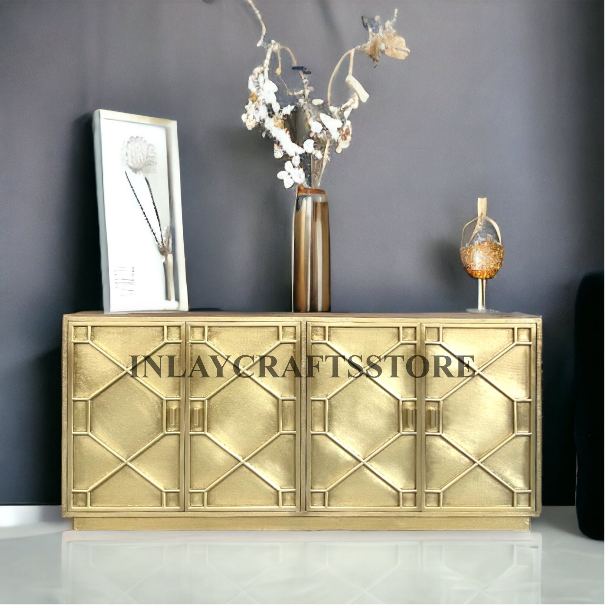 LAKECITY ARTS Hollywood Regency Brass Embossed 4 Door Cabinet ...