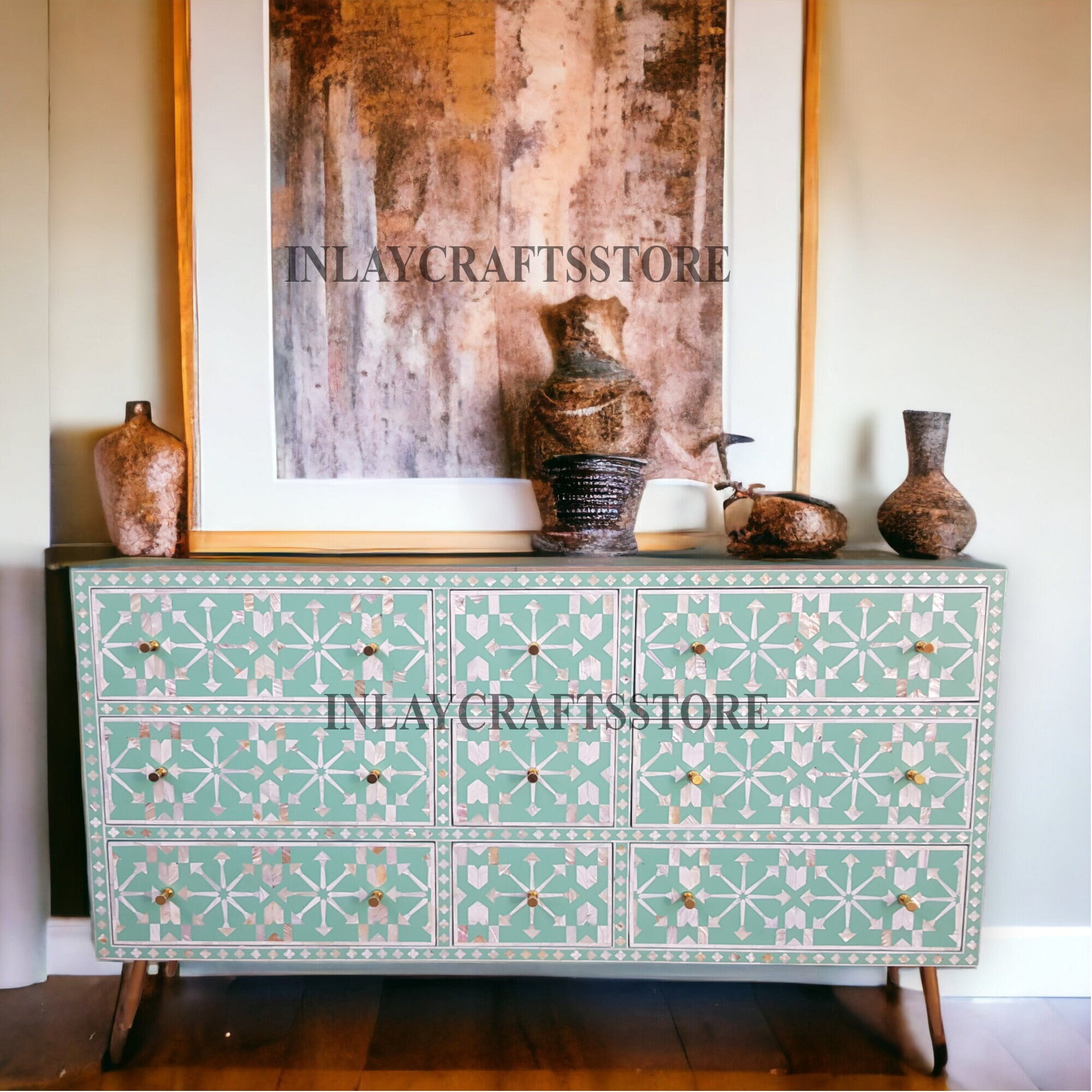 LAKECITY ARTS Mother of Pearl Moroccan 9 Drawers Chest Slate Green ...