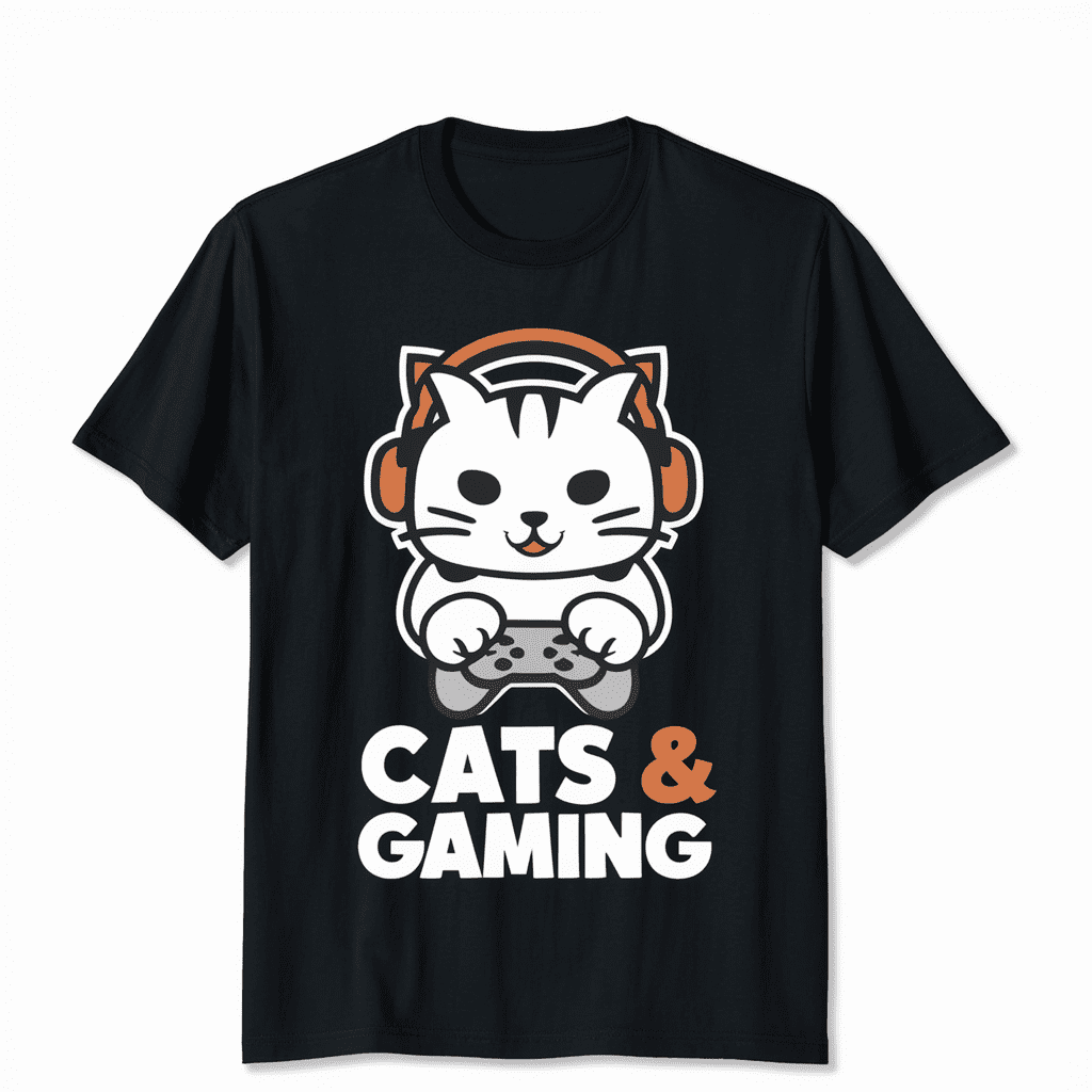 LAKIDAY Cute Cat Gaming T Shirt Art Graphic Cool Top Black Short Sleeve ...