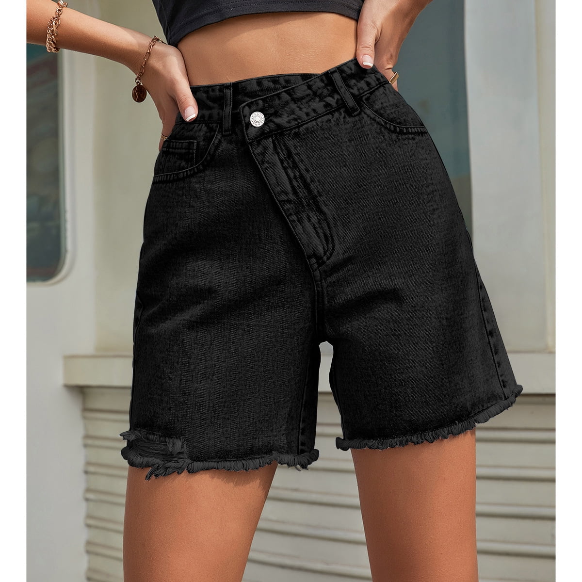 LAKIDAY Women's Crossover Juniors Jean Shorts Stretchy Mid Waisted ...