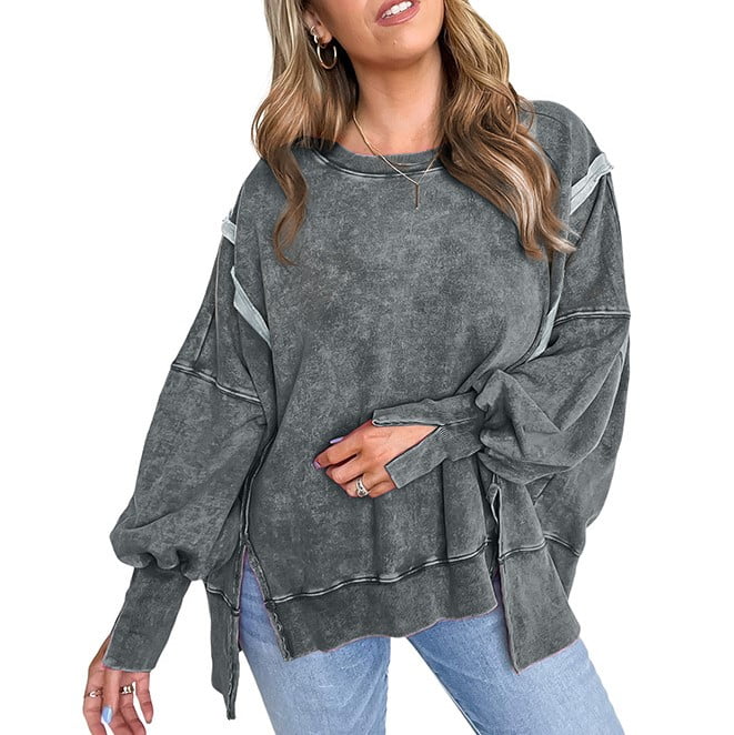 LAKIDAY Womens Round Neck Knitted Washed Waffle Drawstring Long Sleeve ...