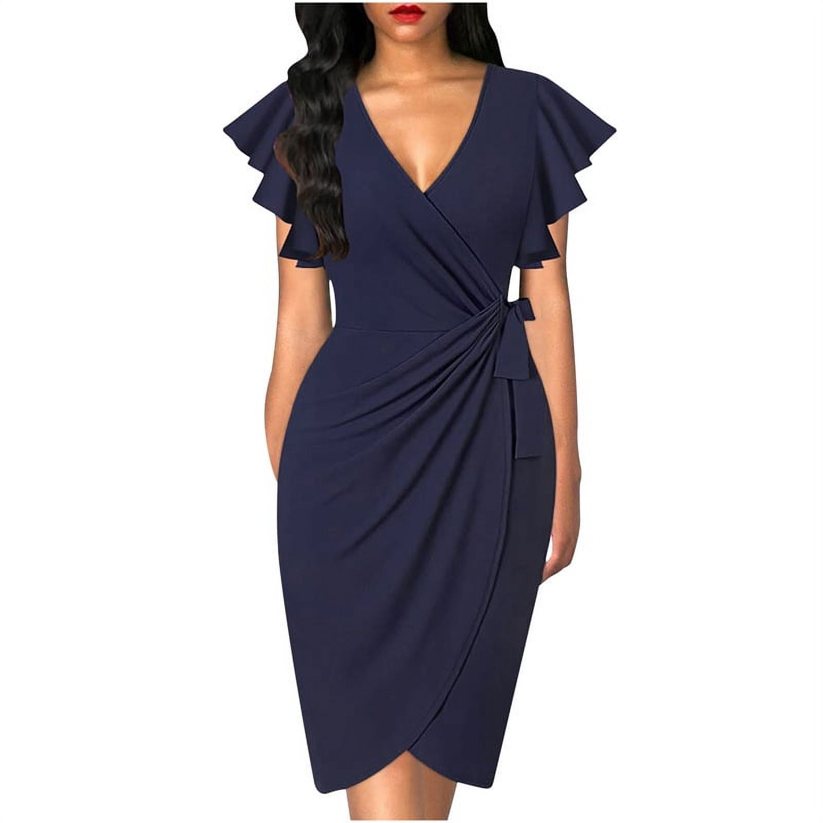 LAKIDAY Womens Summer Ruffle Sleeve Deep V Neck Sheath Knee Length ...
