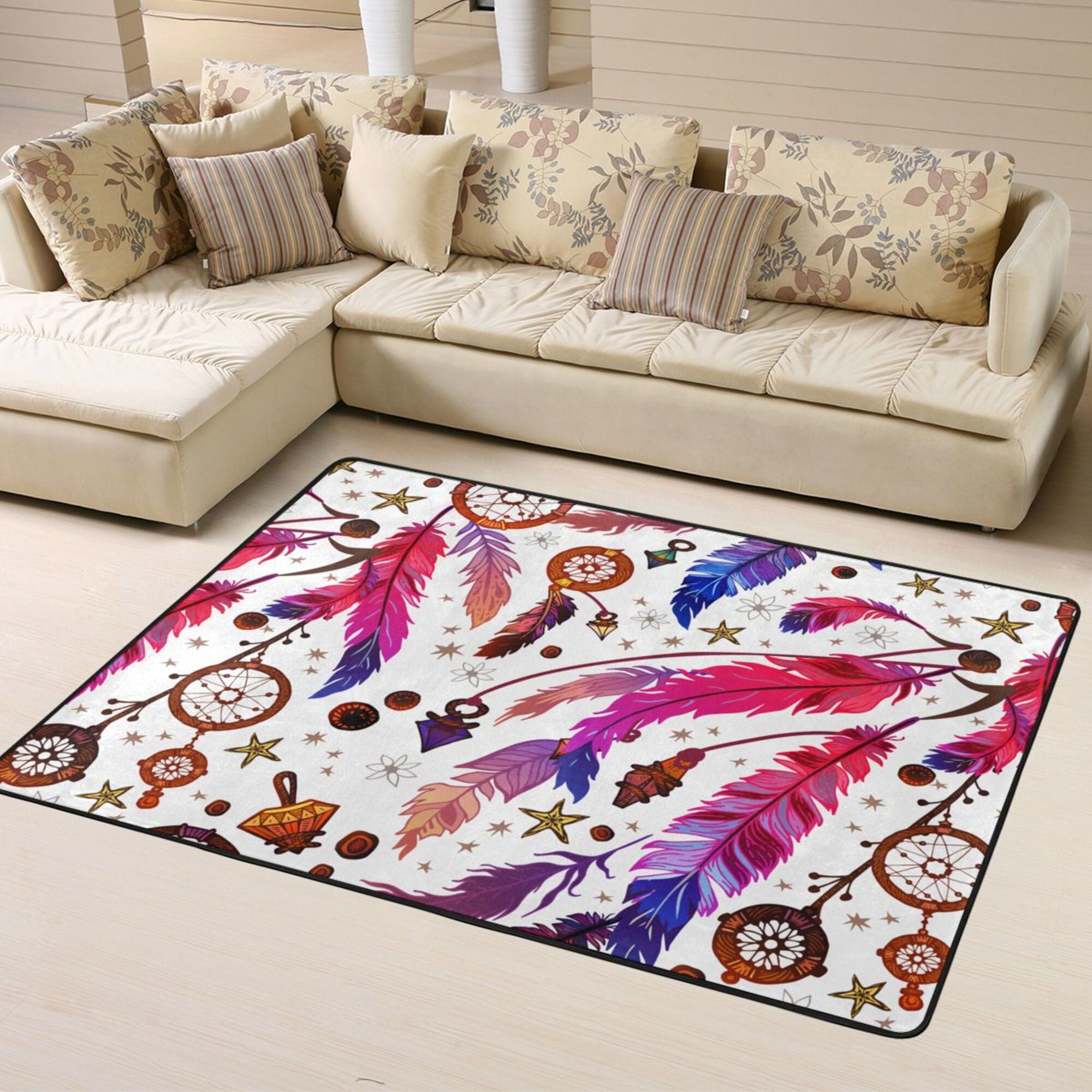 LAKIMCT Boho Style Feather Area Rug 63x48 inch, Modern Bedroom Decor ...