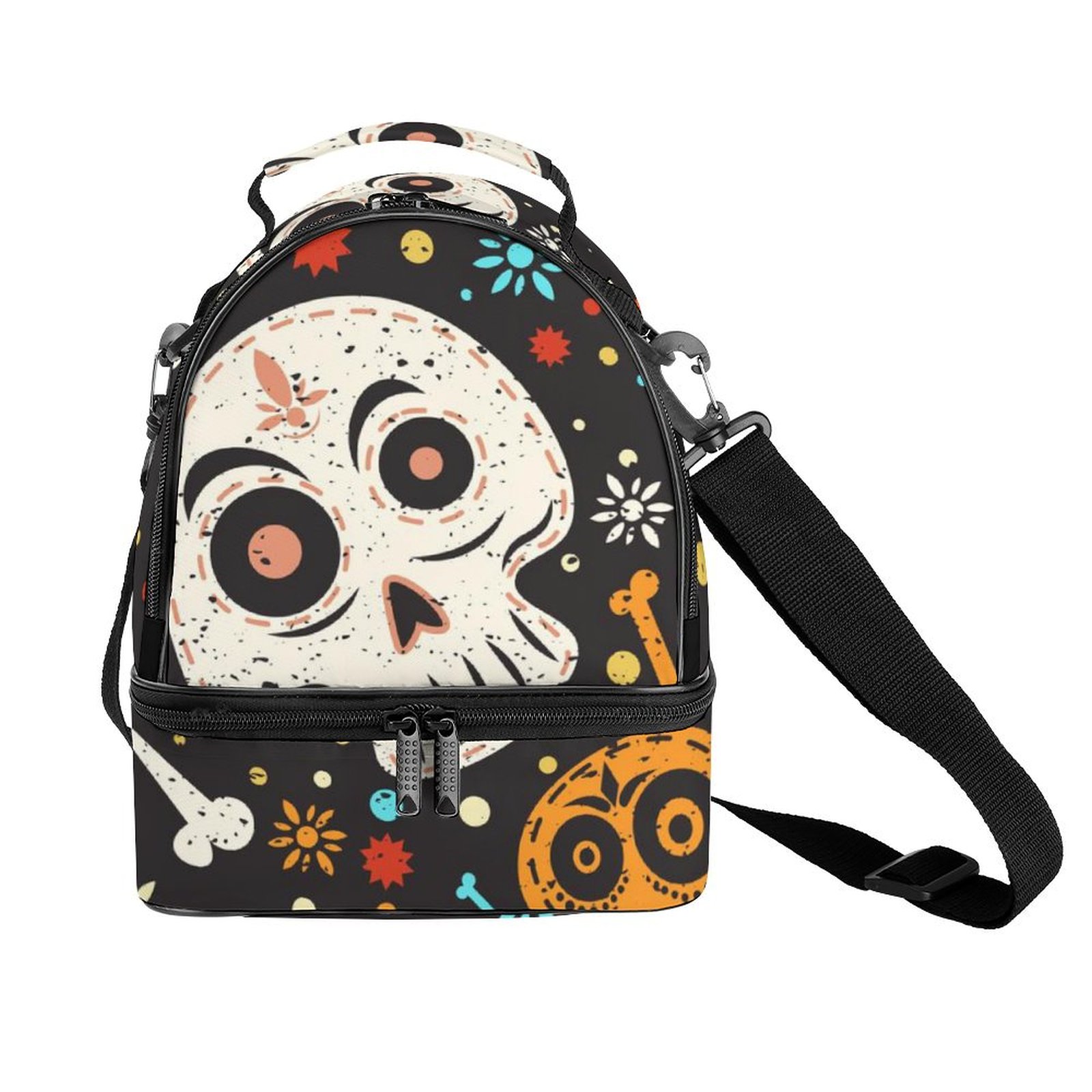 LAKIMCT Double Deck Lunch Bag Mexican Skull Floral Tote Lunch Box ...