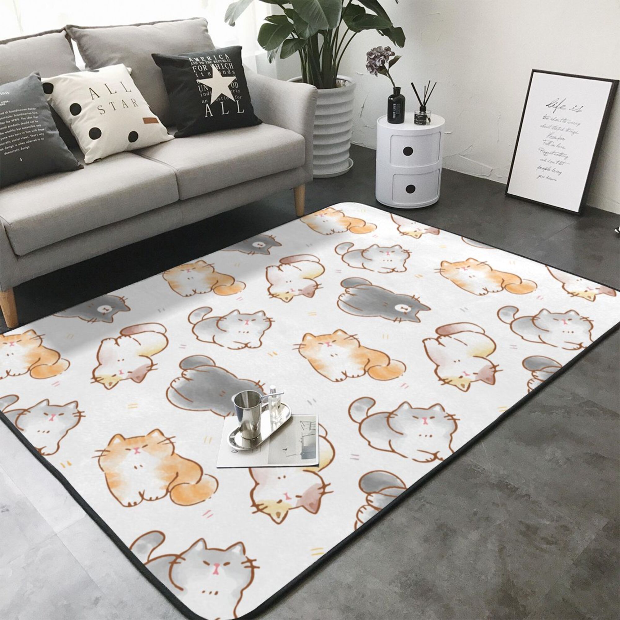 LAKIMCT Hand Drawn Cartoon Cat Area Rug 80x58 inch, Modern Bedroom ...