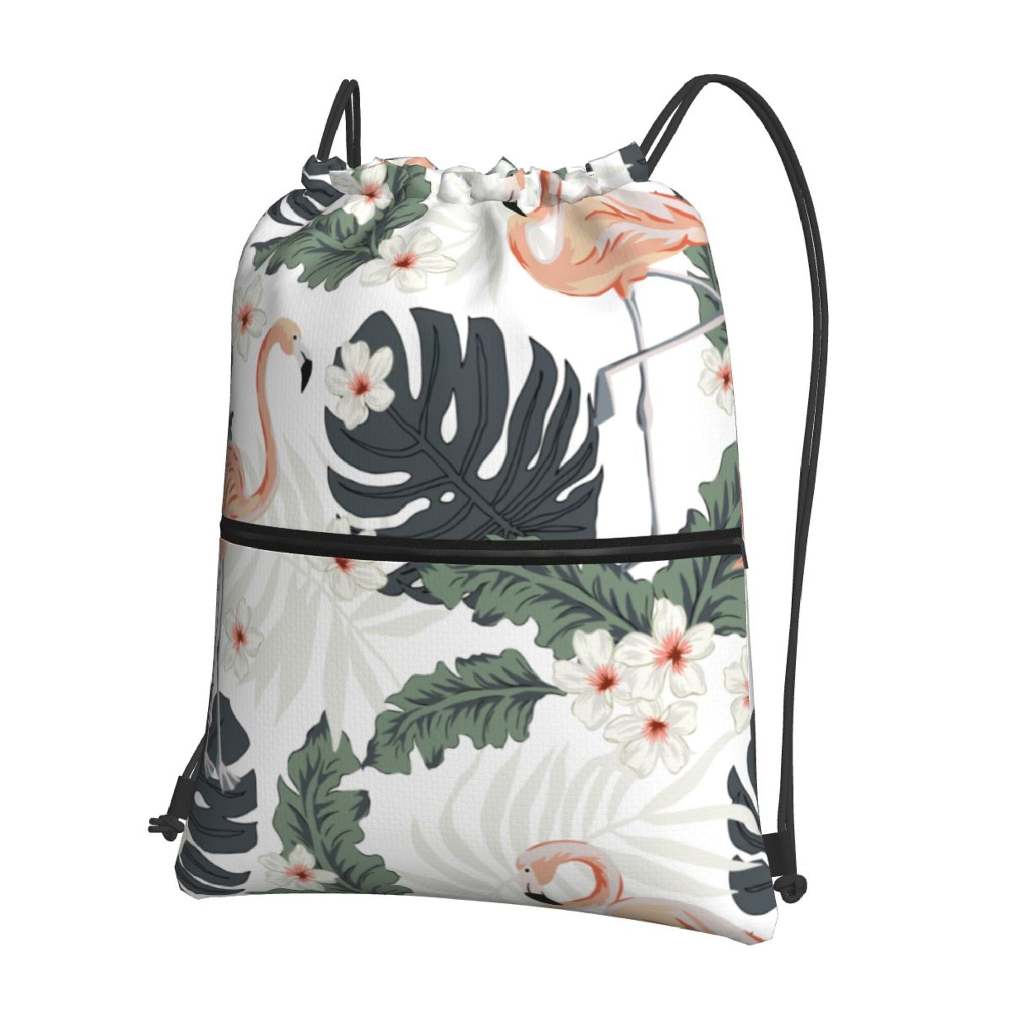 LAKIMCT Pink Flamingo Plumeria Drawstring Backpack with Zipper, Sports ...