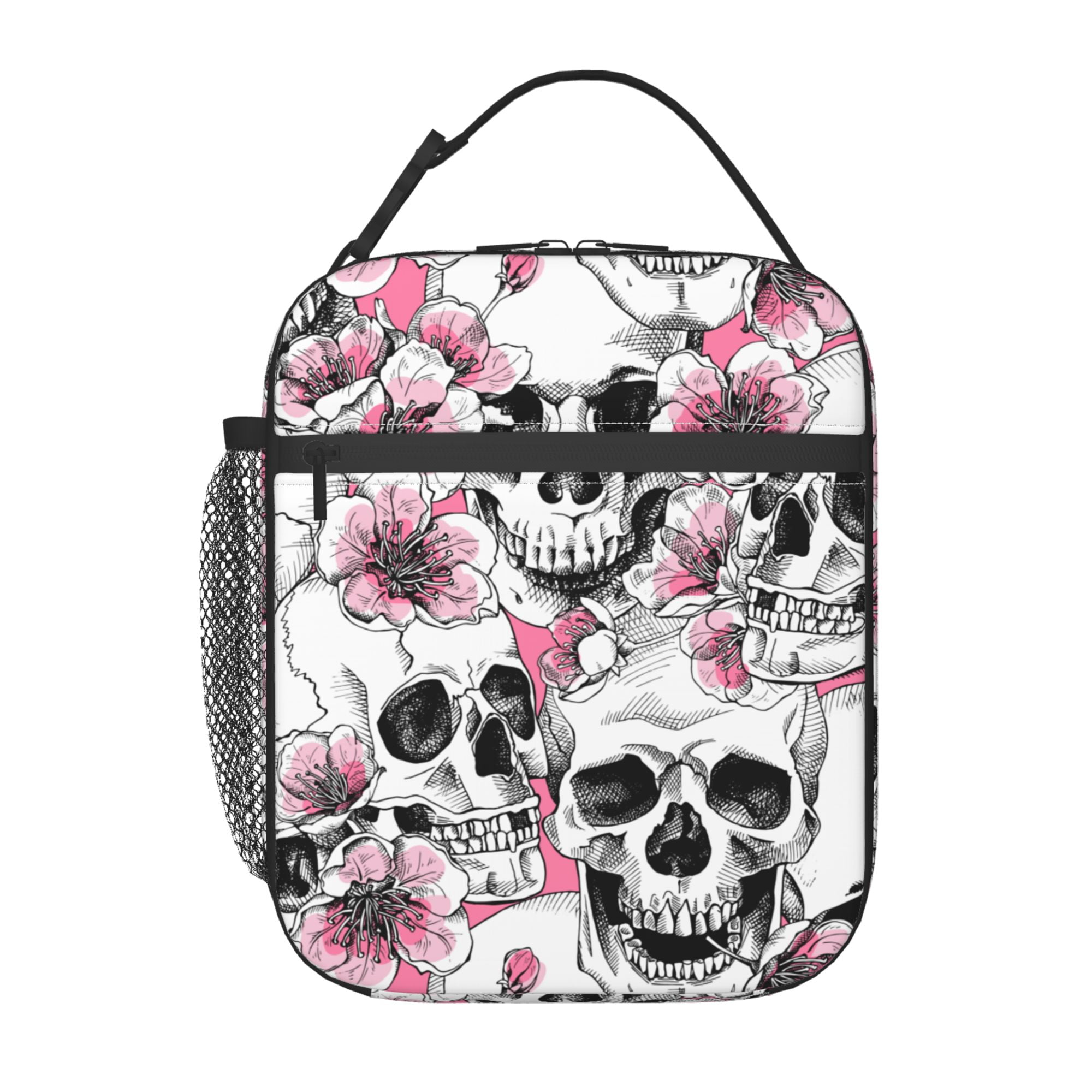 LAKIMCT Skull Pink Floral Portable Lunch Bag for Kids Adults, Handheld ...