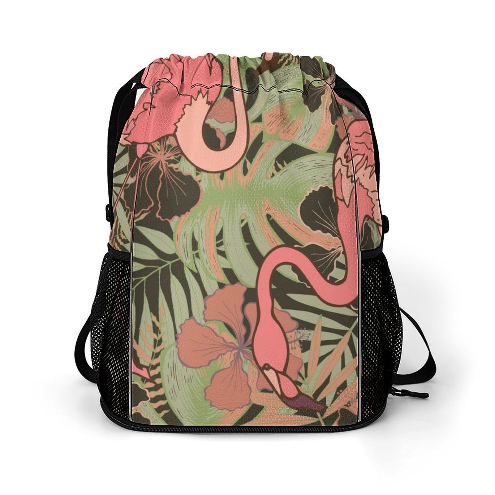 LAKIMCT Tropical Plant Flamingo Drawstring Backpack Sports Gym Sackpack Waterproof Zipper Inner ...