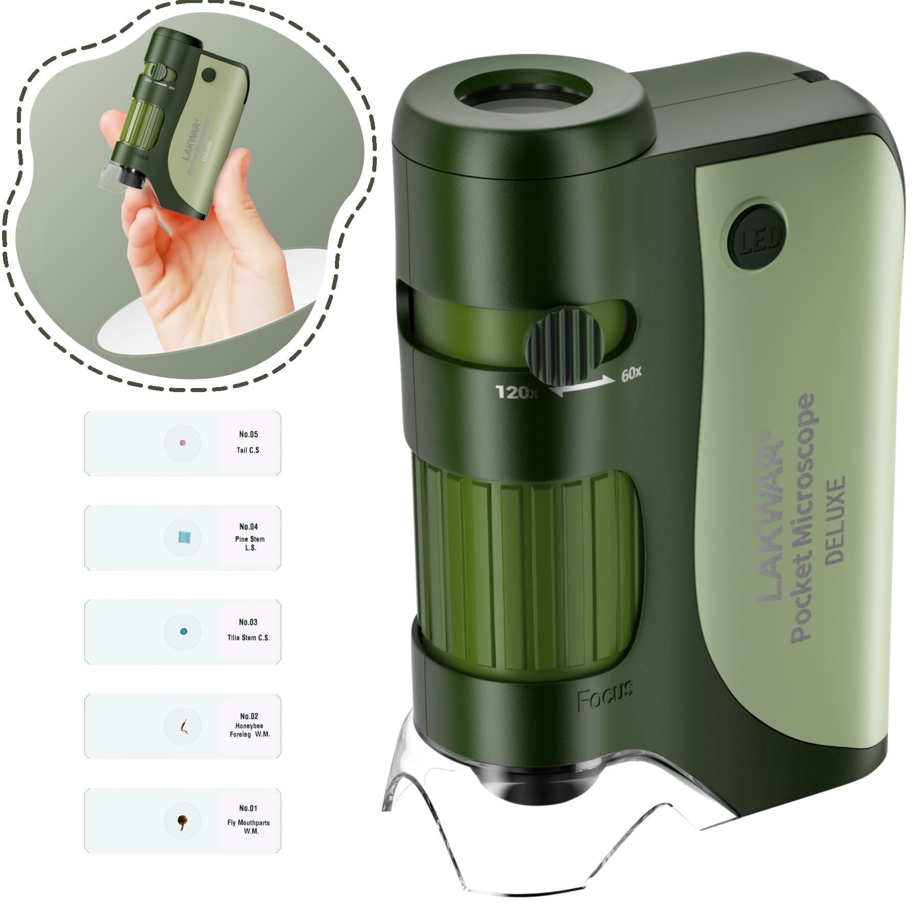 LAKWAR 60x-120x LED Lighted Pocket Microscope, Portable Handheld ...
