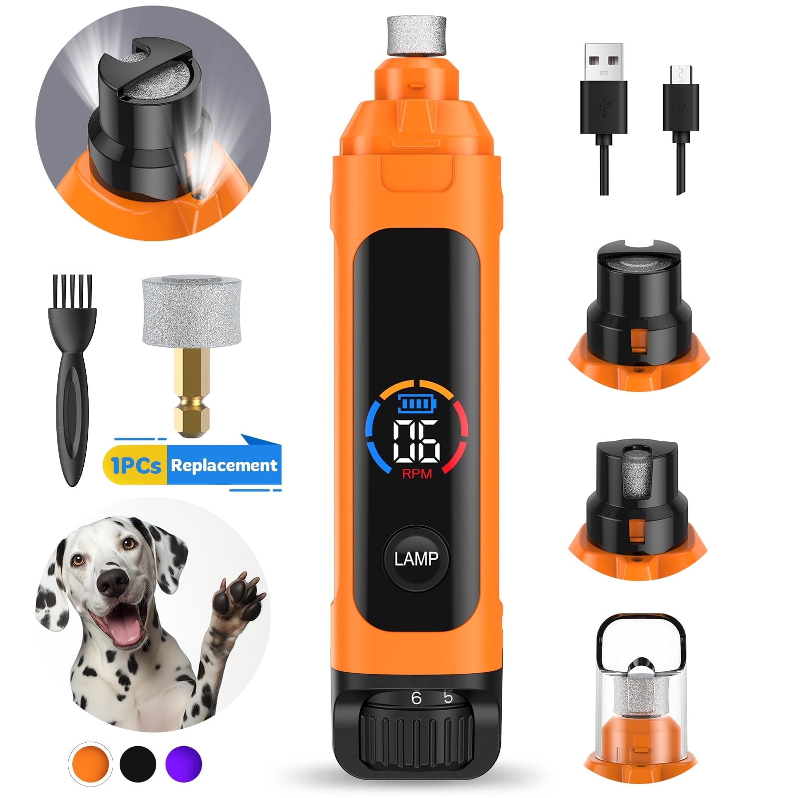 LAKWAR Dog Nail Grinder,6-Speed Pet Nail Grinder W/Light Quiet ...