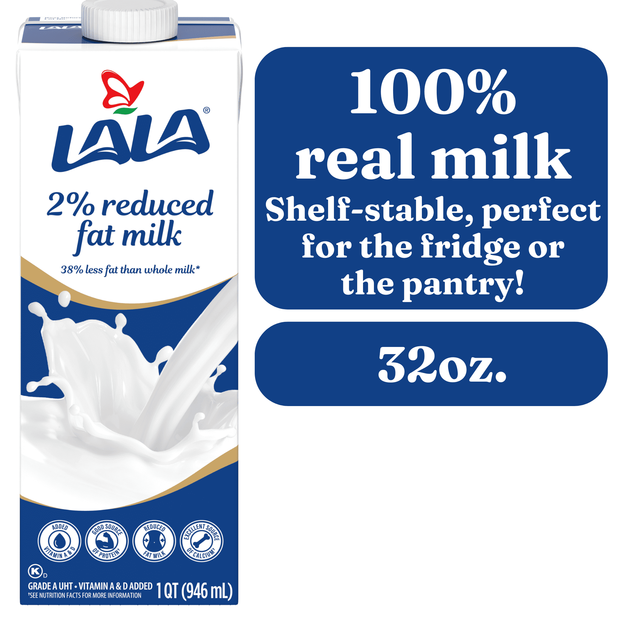 LALA Lactose-Free 2% Reduced Fat Shelf-Stable UHT Milk, Unflavored, 32 ...
