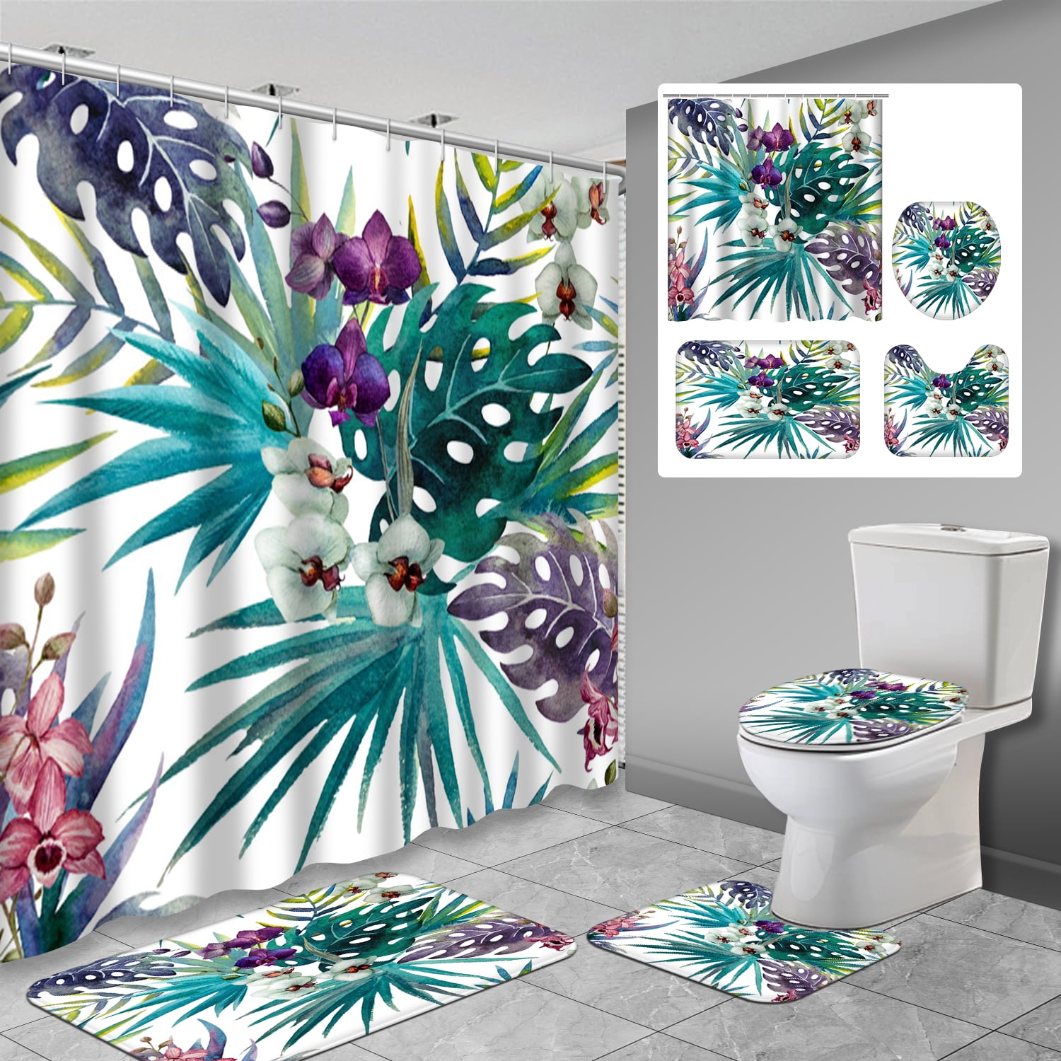 Lalilo 4 Pcs Jungle Green Shower Curtain Sets with Rugs for Bathroom ...