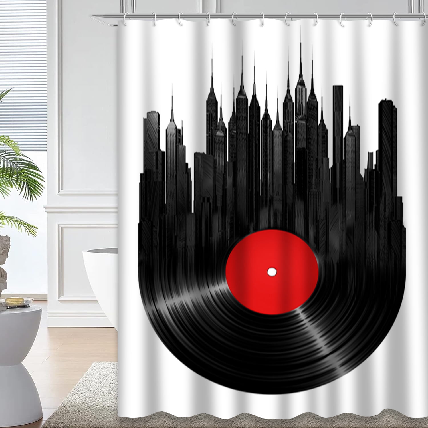 LALILO Black Vinyl Music Shower Curtain, 72x72 in, 12 Hooks, City ...