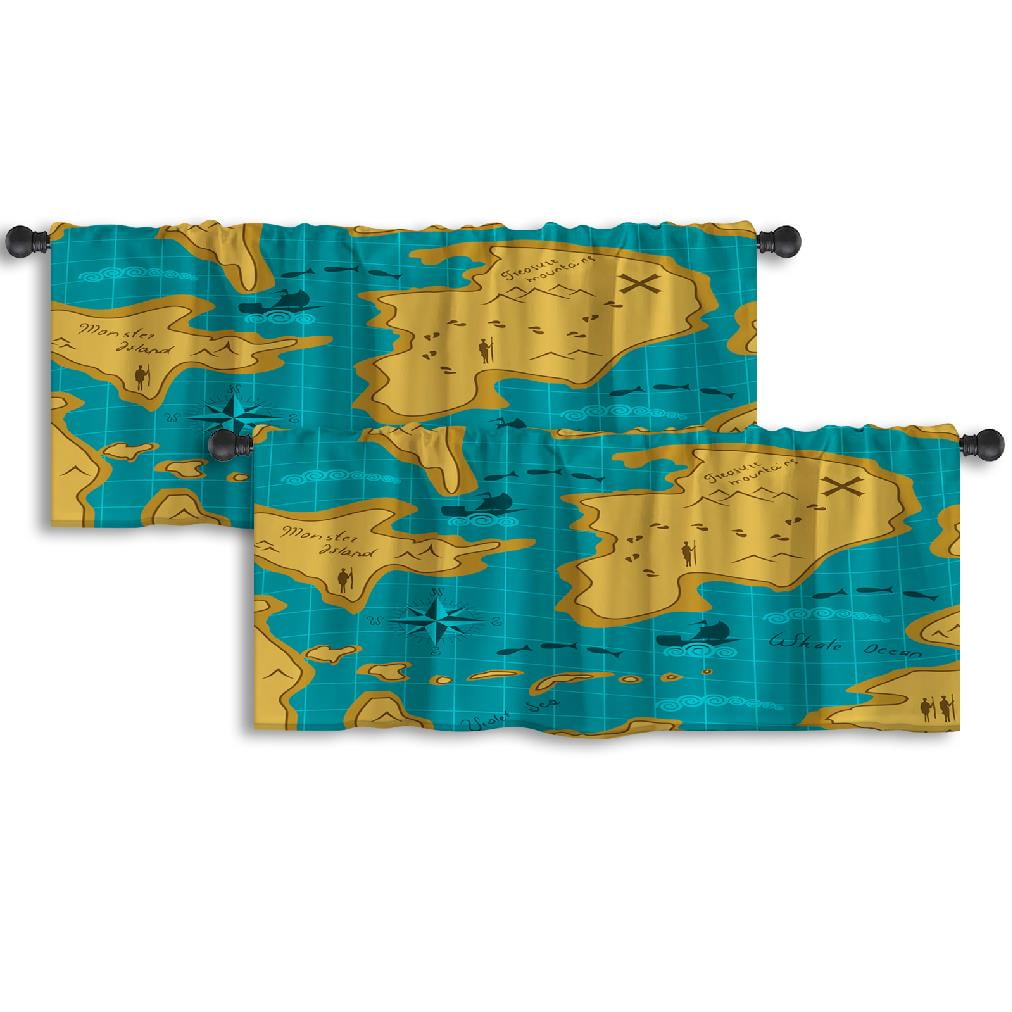 LALILO Kitchen Curtain Valance Adventure Map Map Rod Pocket Window ...