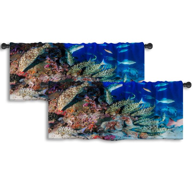 LALILO Kitchen Curtain Valance And Octopus Coral Reef Rod Pocket Window ...
