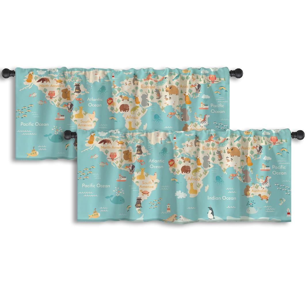 LALILO Kitchen Curtain Valance Animals World Map Children Kids Rod ...