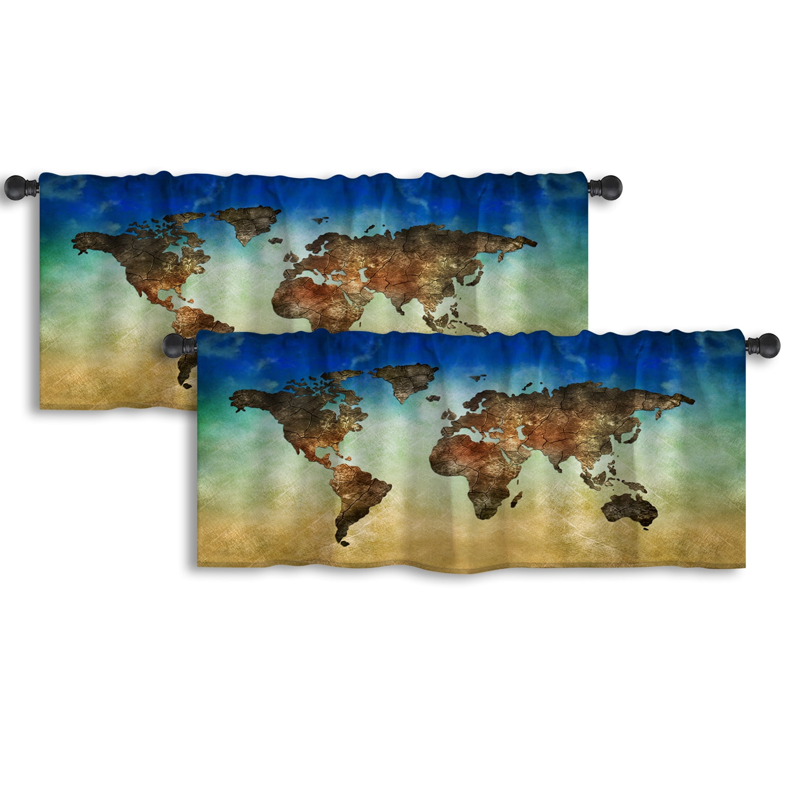 LALILO Kitchen Curtain Valance Art Map World Flat Rod Pocket Window ...