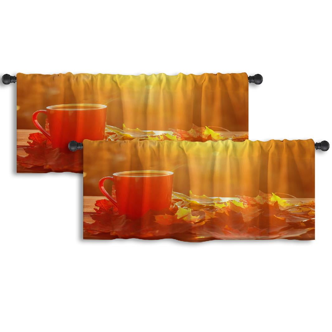 LALILO Kitchen Curtain Valance Autumn Leaves And Hot Cup Rod Pocket ...