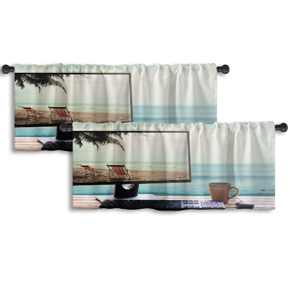 LALILO Kitchen Curtain Valance Beach Computer And Coffee Cup Rod Pocket ...