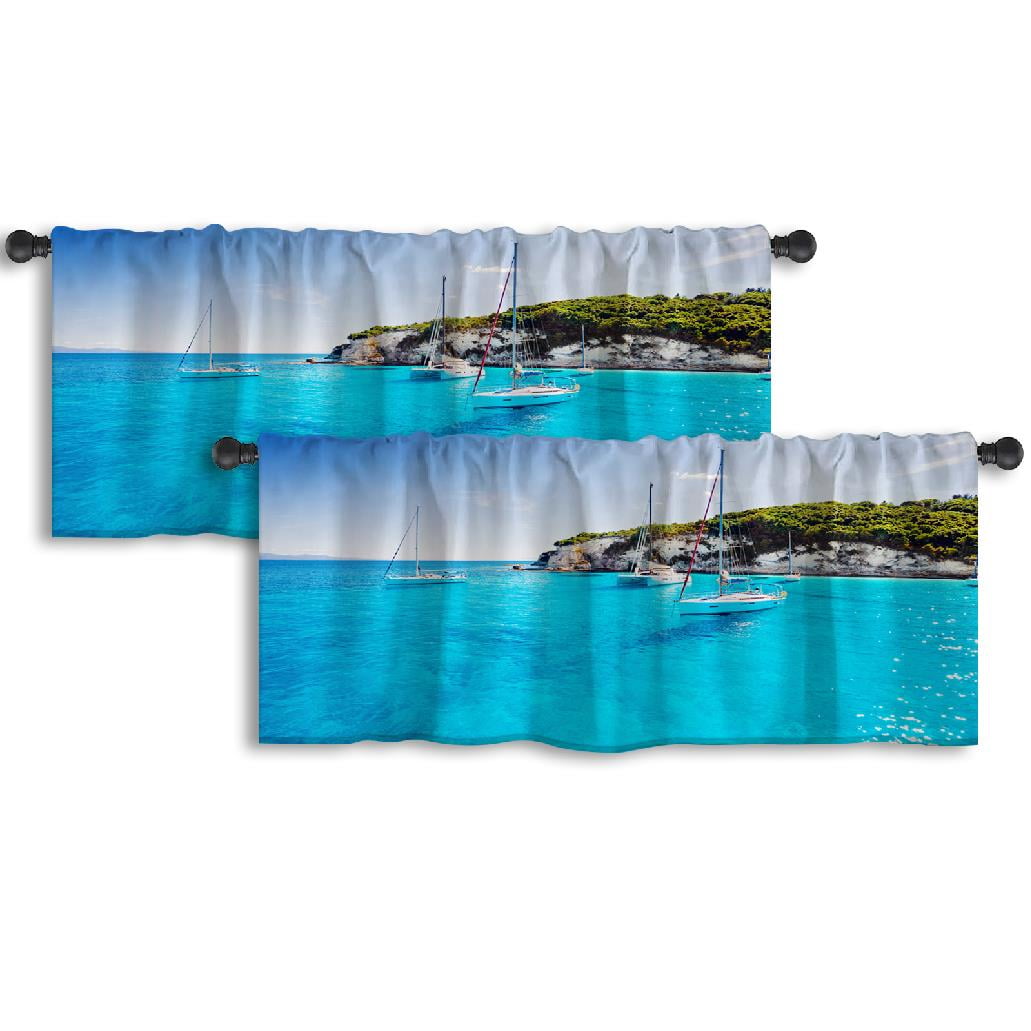 LALILO Kitchen Curtain Valance Beautiful Island Yacht Summer Rod Pocket ...