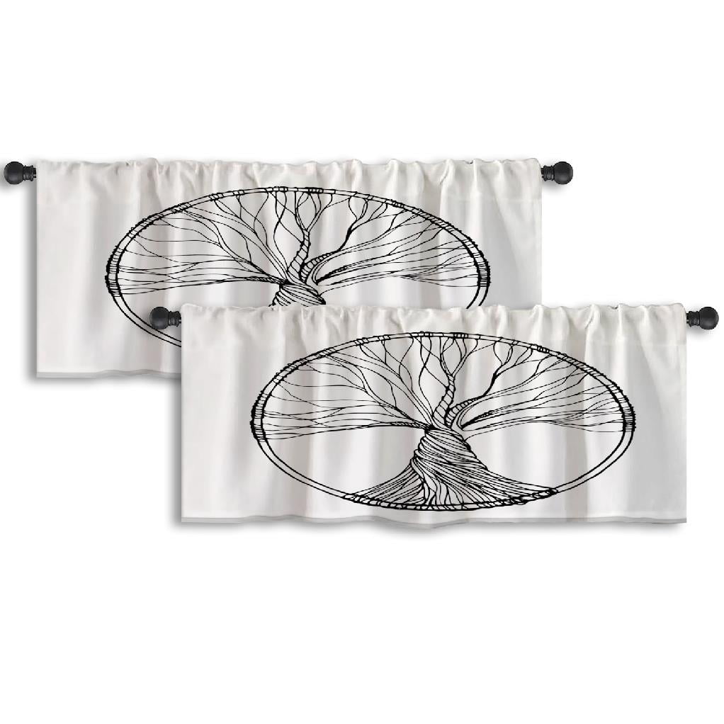 LALILO Kitchen Curtain Valance Black Celtic Tree Life White Rod Pocket ...