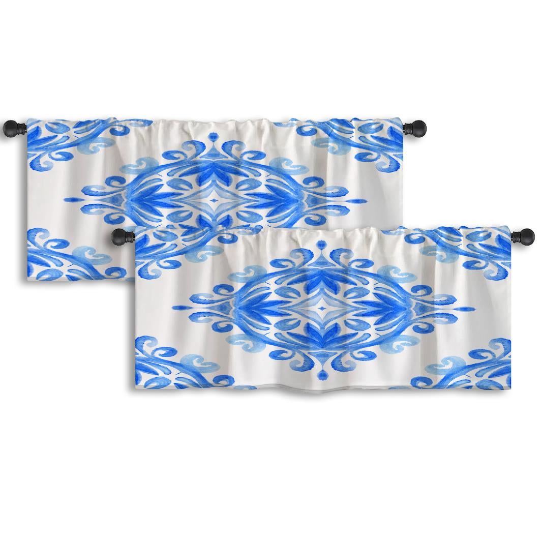 LALILO Kitchen Curtain Valance Blue Arabesque Damask Rod Pocket Window ...
