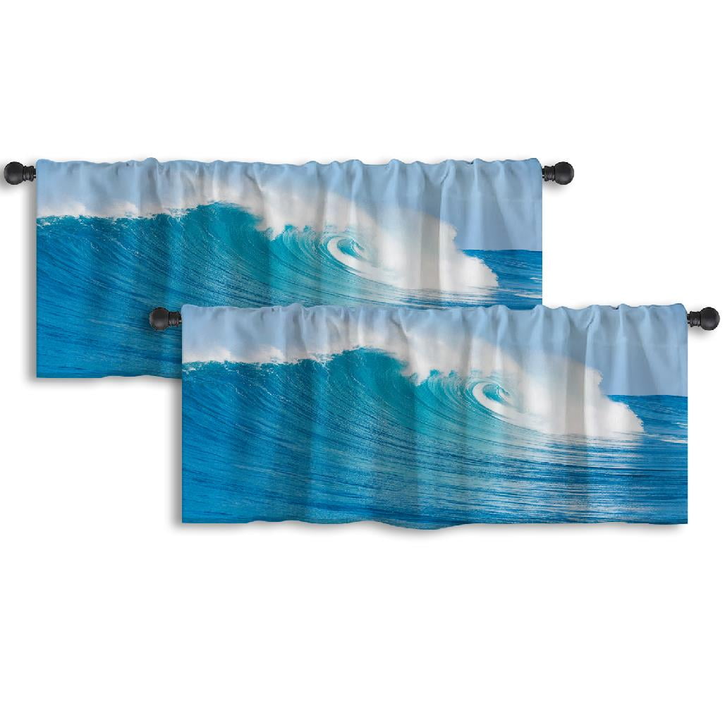 LALILO Kitchen Curtain Valance Blue Ocean Wave Ocean Sea Surf Rod ...