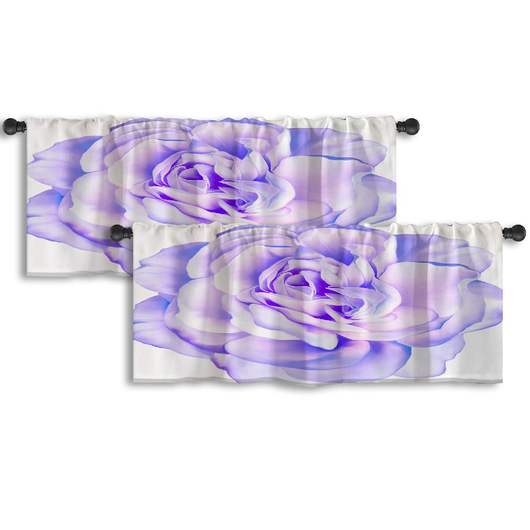 LALILO Kitchen Curtain Valance Blue Purple Rose Flower White Rod Pocket ...