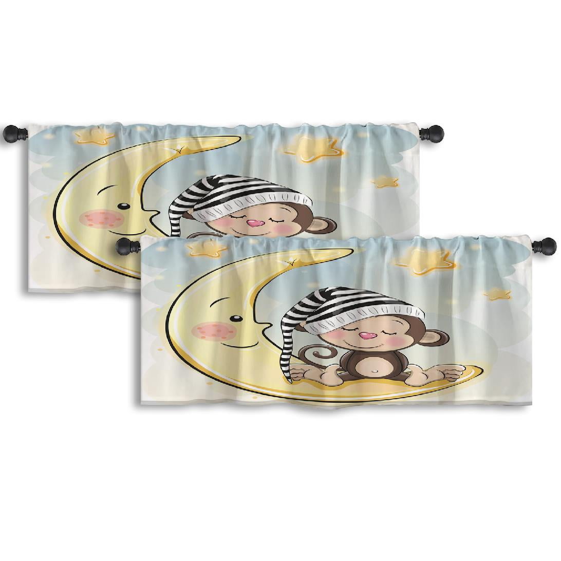 LALILO Kitchen Curtain Valance Cute Cartoon Monkey Sleeping Rod Pocket ...