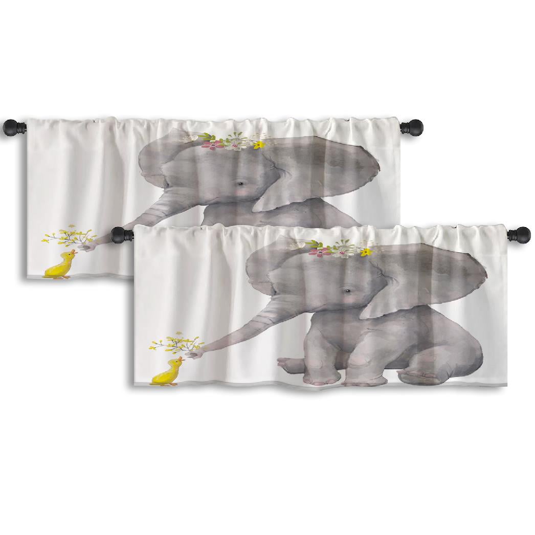 LALILO Kitchen Curtain Valance Cute Elephant With Floral Rod Pocket ...